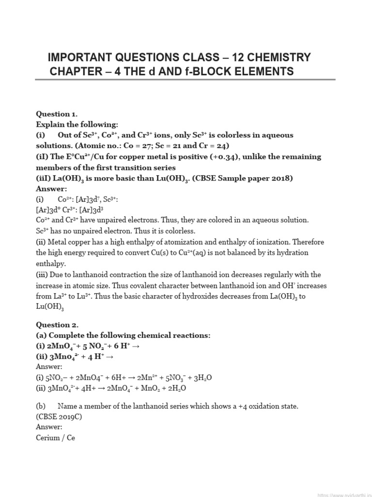 Important Question Class 12 Chemistry Chapter 4 2 | PDF | Transition ...