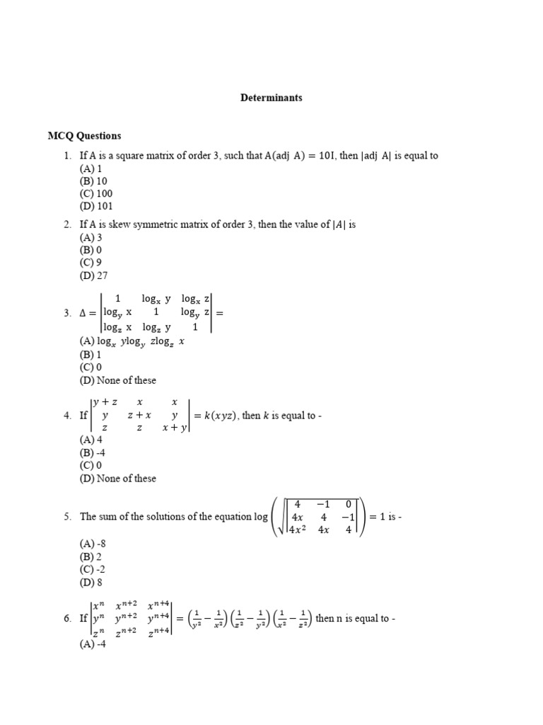 Matrices Determinants Pyq | PDF | Mathematical Physics | Matrix Theory