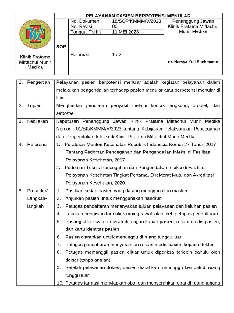 SOP Pelayanan Pasien Berpotensi Menular (Rev Yuni) | PDF