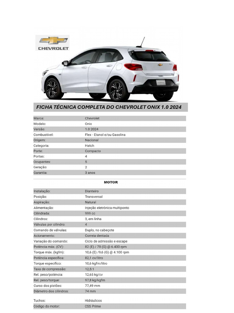 Ficha Tecnica Onix 1.0 | PDF