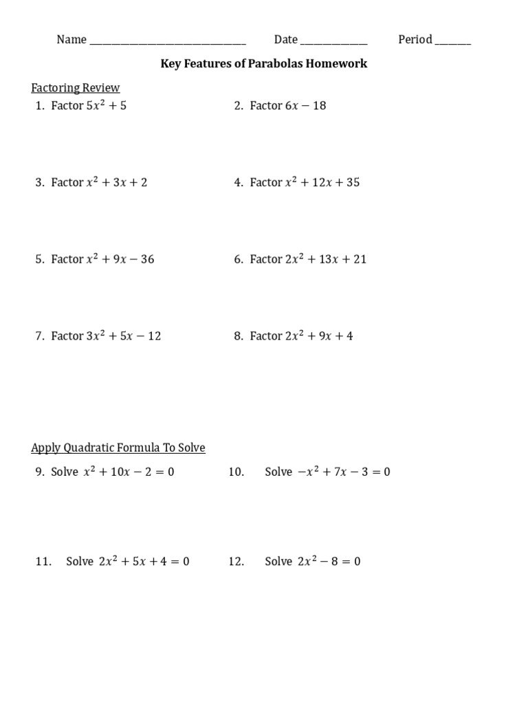 Key Features of Parabolas Homework | PDF