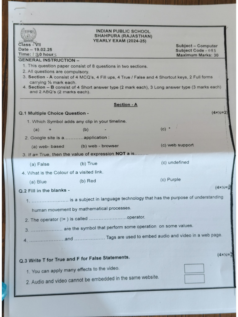 Yearly Exam 2024-25 Computer Paper | PDF