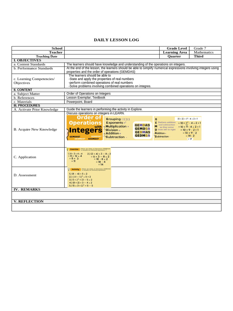 DLP - Order of Operations On Integers | PDF