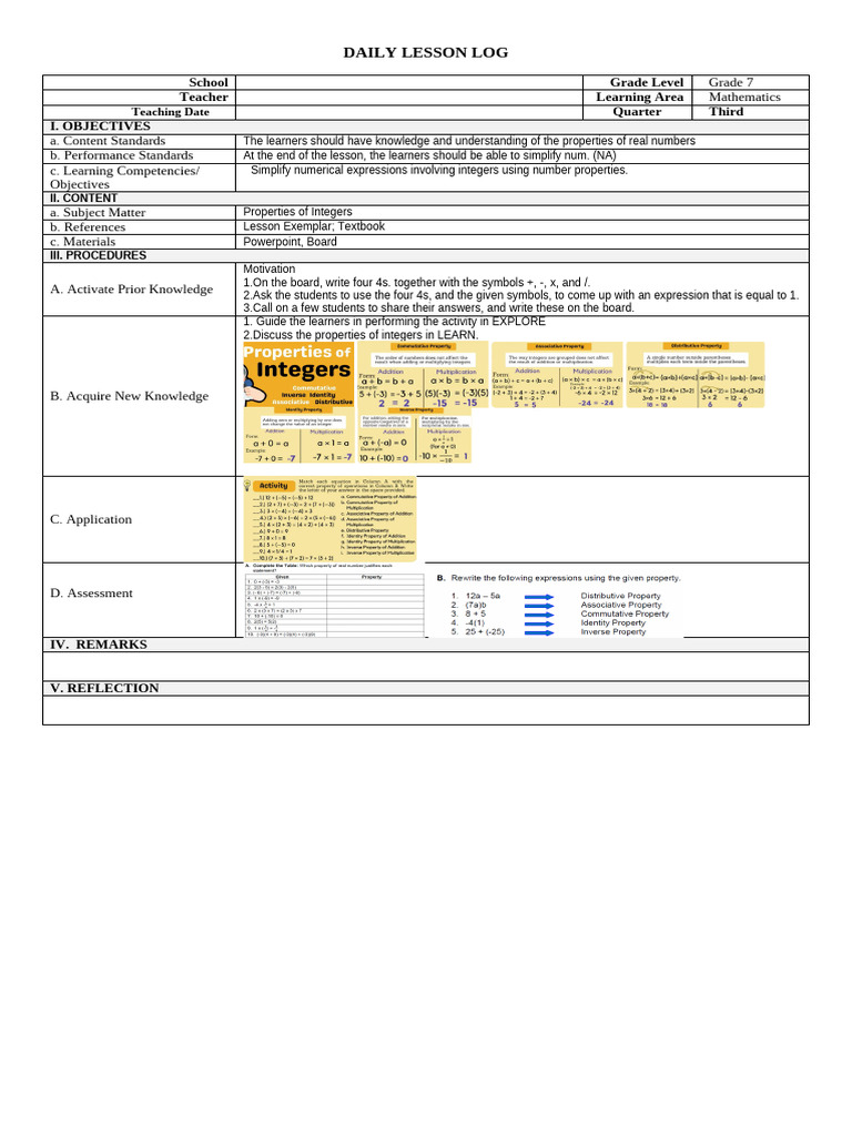 Grade 7 Math Lesson on Integers | PDF