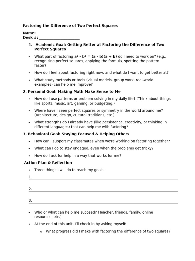 Factoring The Difference of Two Perfect Squares Week 1 Module 1D | PDF