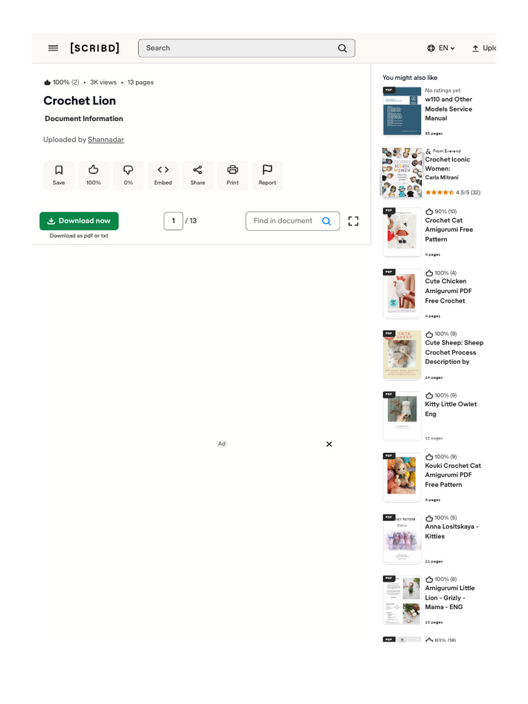 Crochet Lion - PDF - Knitting - Crochet | PDF | Amigurumi | Scribd