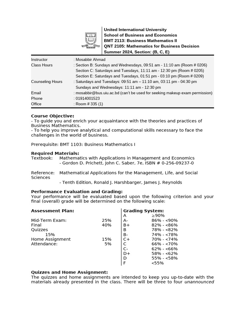 Course Outline-Math II Summer 2024 | PDF | Calculus | Derivative