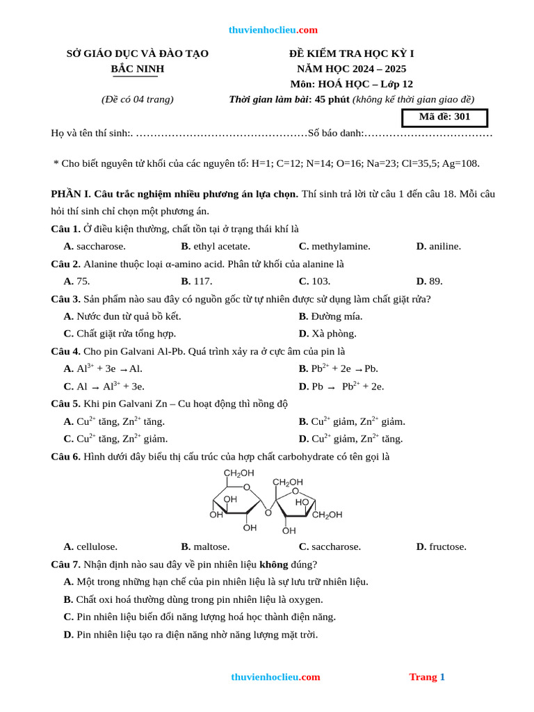 Thuvienhoclieu.com de Kiem Tra Cuoi HK1 Hoa 12 SO GD Bac Ninh 24 25 | PDF