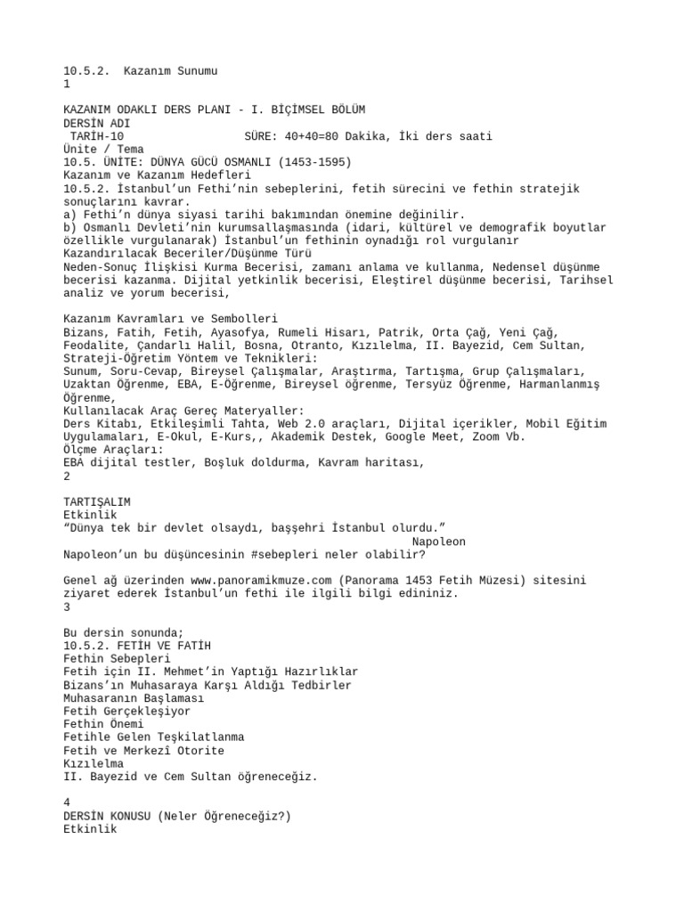 10.5.2. Fetih Ve Fatih (İstanbul'un Fethi) Ders Planı Ve Sunum/Slaytı | PDF
