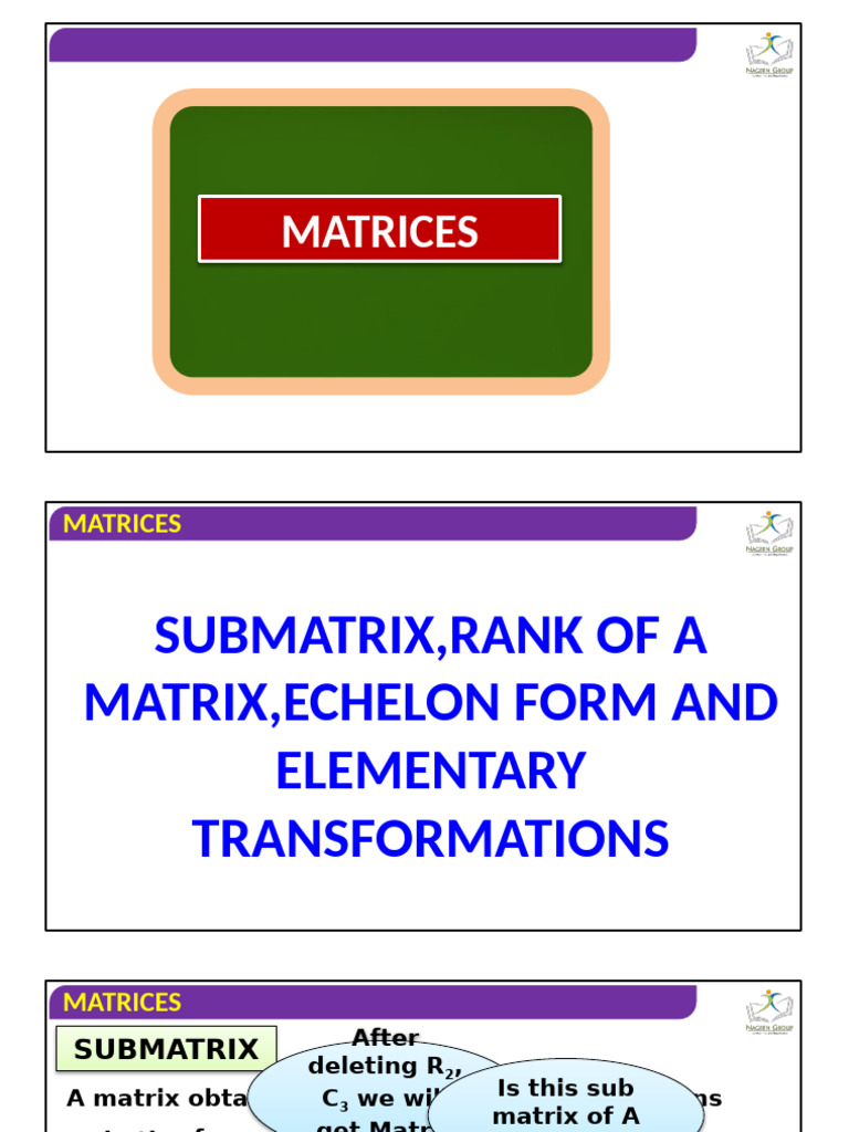 Class 12 Maths 4 Matrices Submatrix, Echelon Form and Elementary | PDF ...