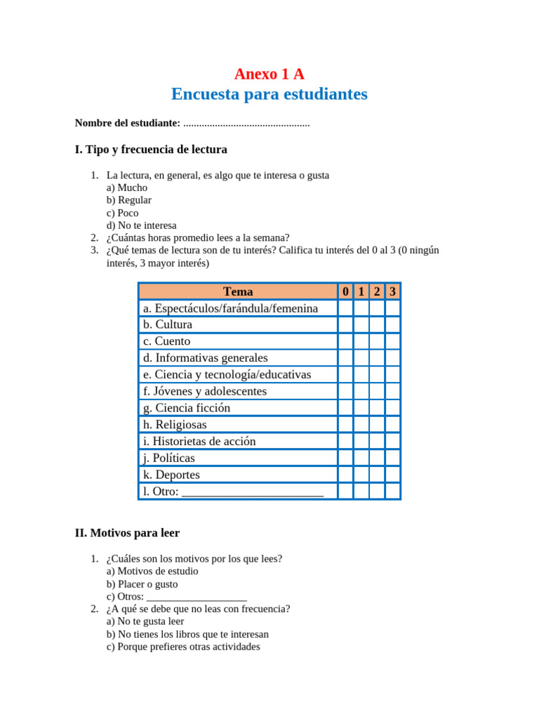 Encuesta sobre Hábitos de Lectura Estudiantil | PDF