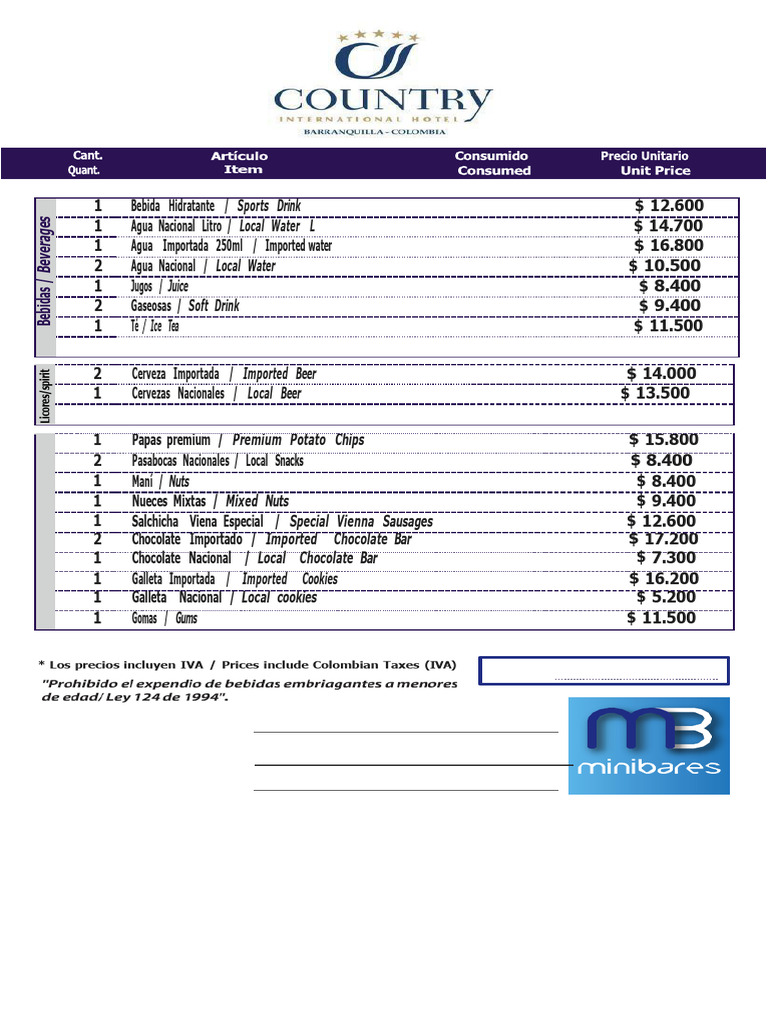 Lista Hotel Country Barranquilla 2025 | PDF