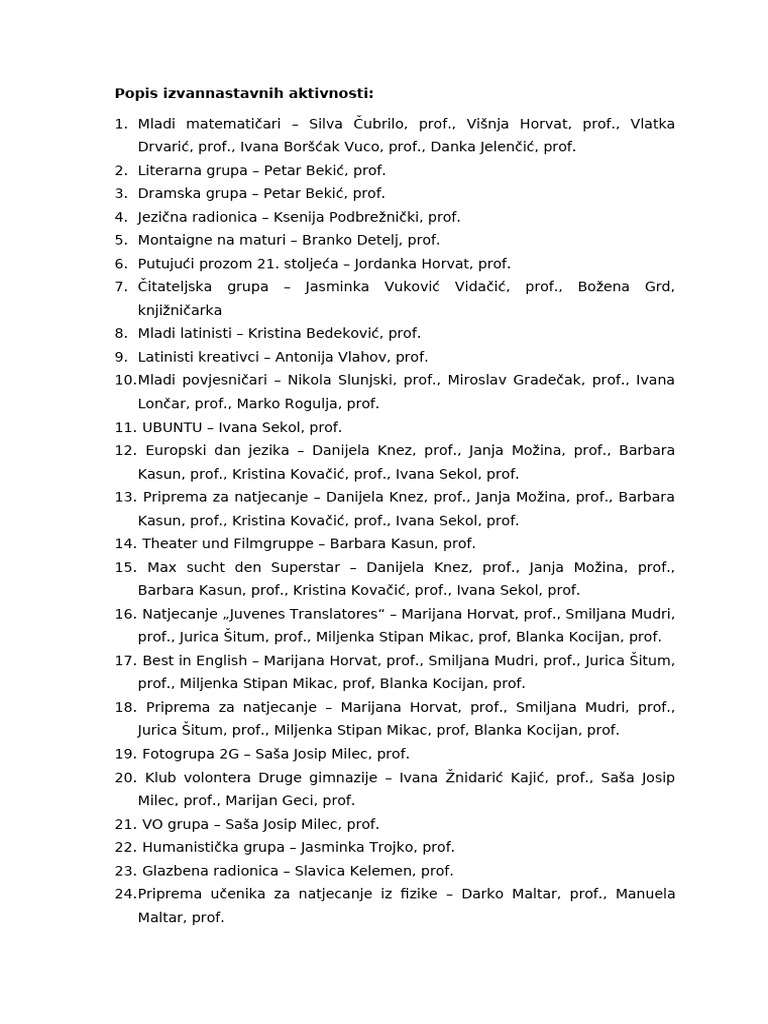 Popis Izvannastavnih Aktivnosti | PDF