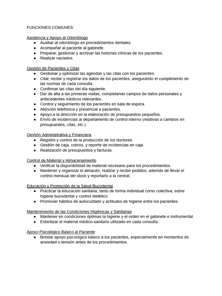 FUNCIONES COMUNES (Higienistas, Auxiliares y Recepcionistas) | PDF