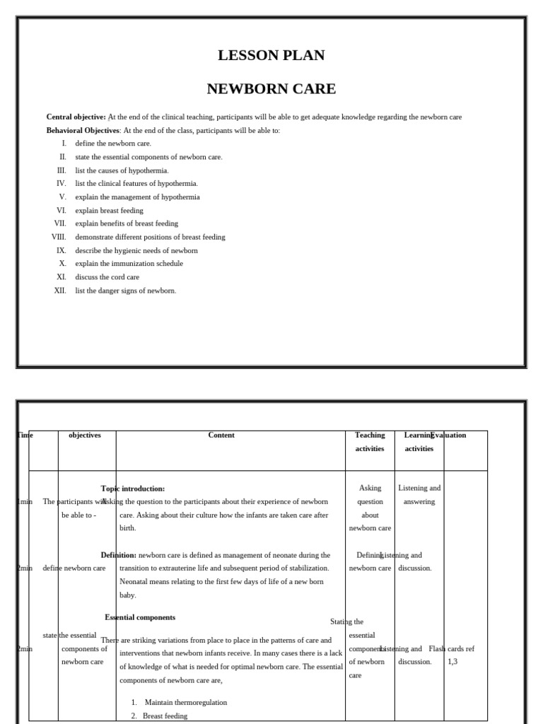 Newborn Care Lesson Plan Guide | PDF | Vaccines | Infants