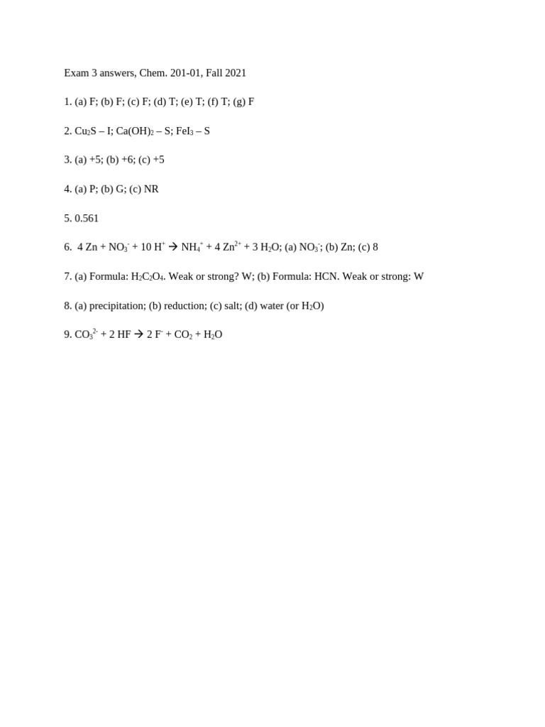 Chem 201 Exam 3 Answers Fall 2021 | PDF