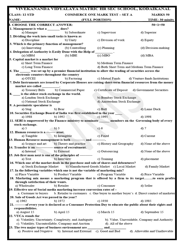 12th Commerce Full Portion Test 1 Mark Question Paper 2022 2023 English ...