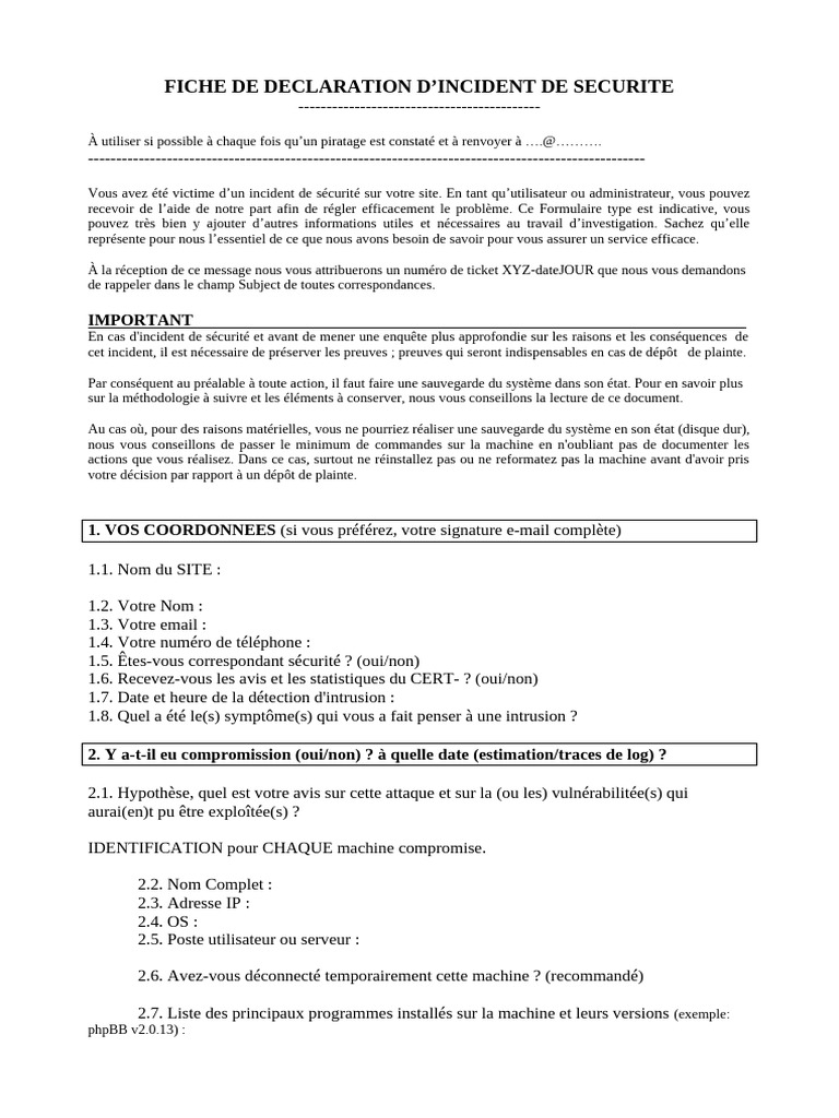 Déclaration d'Incident de Sécurité | PDF | Sécurité des systèmes d ...