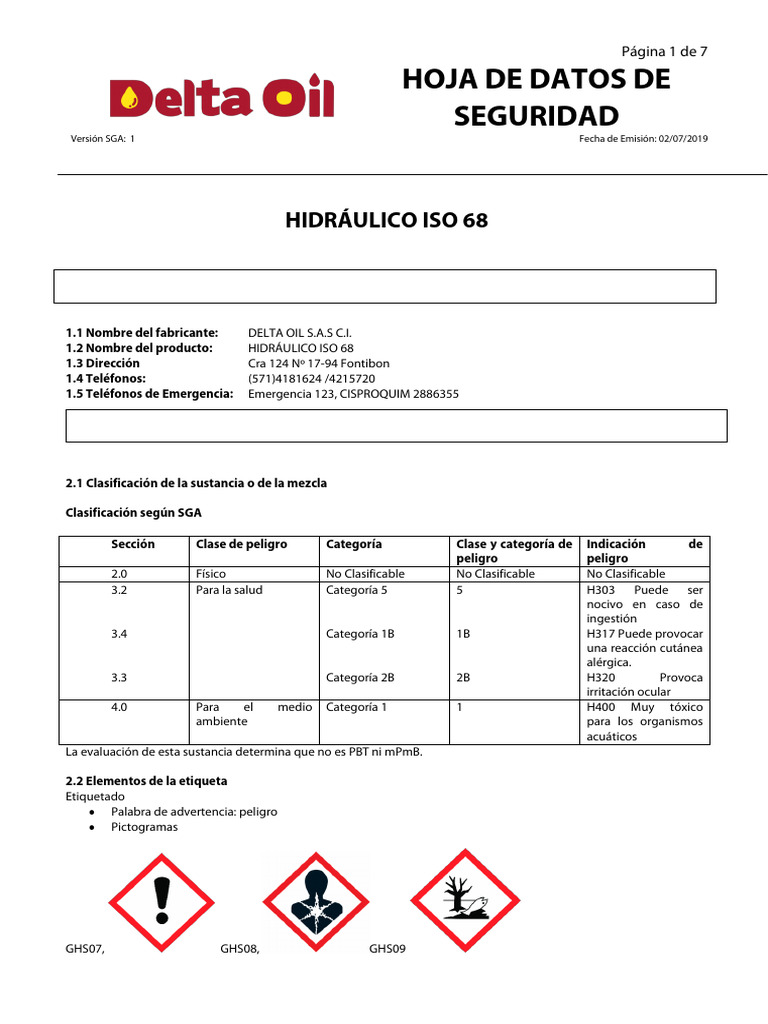 Hoja de Datos de Seguridad: Hidráulico ISO 68 | PDF | Residuos | Transporte