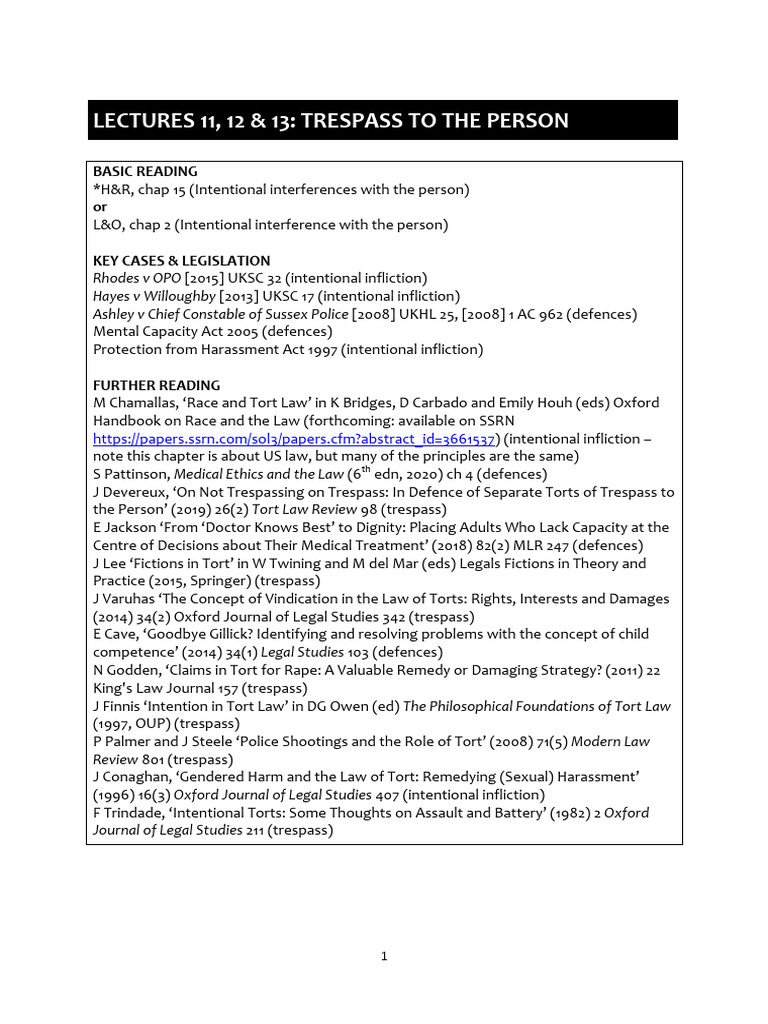 Trespass To The Person Lecture Handout 2022 | PDF | Common Law | Justice
