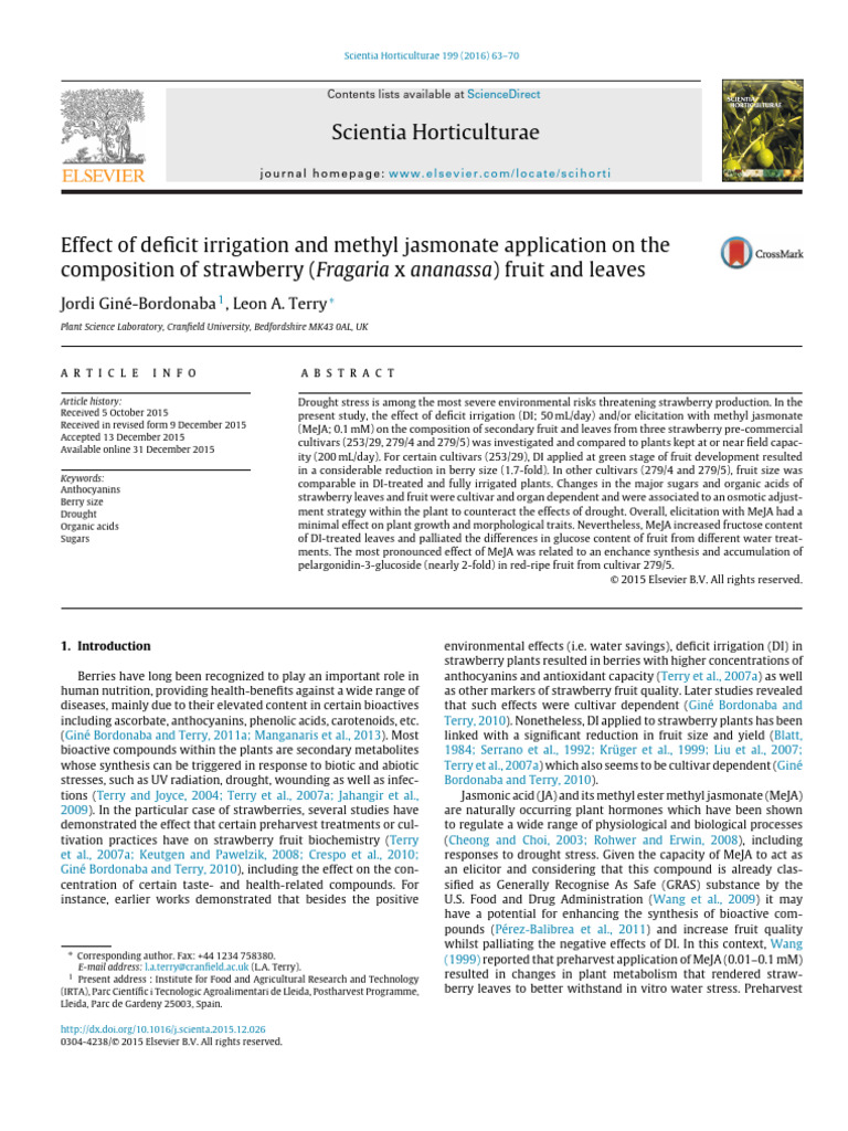 Effect of Deficit Irrigation and Methyl Jasmonate Application On The Composition of Strawberry ...