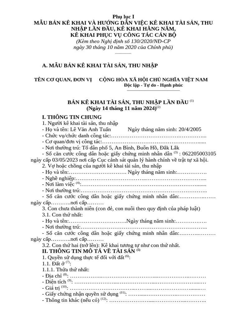 Ban Ke Khai Thu Nhap - Theo ND 130 | PDF