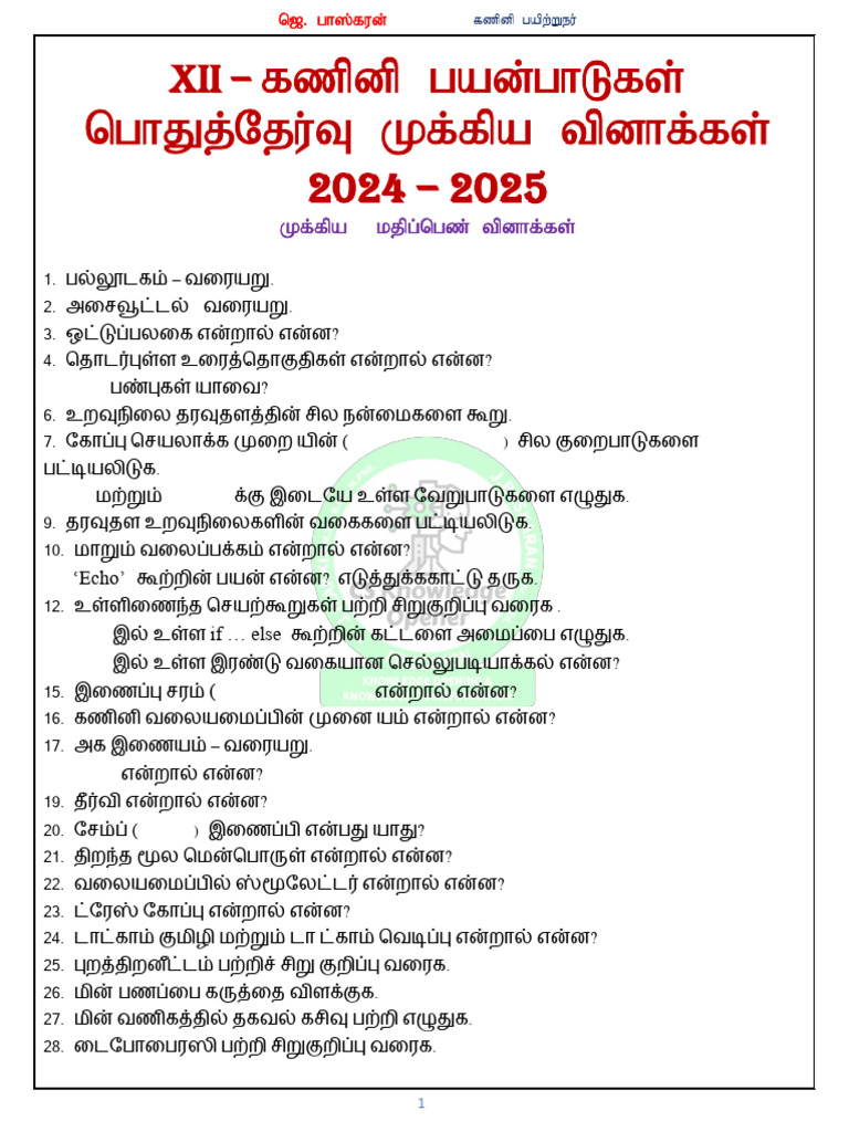 Xii - CA TM Public Exam Important Question 2024-2025 | PDF