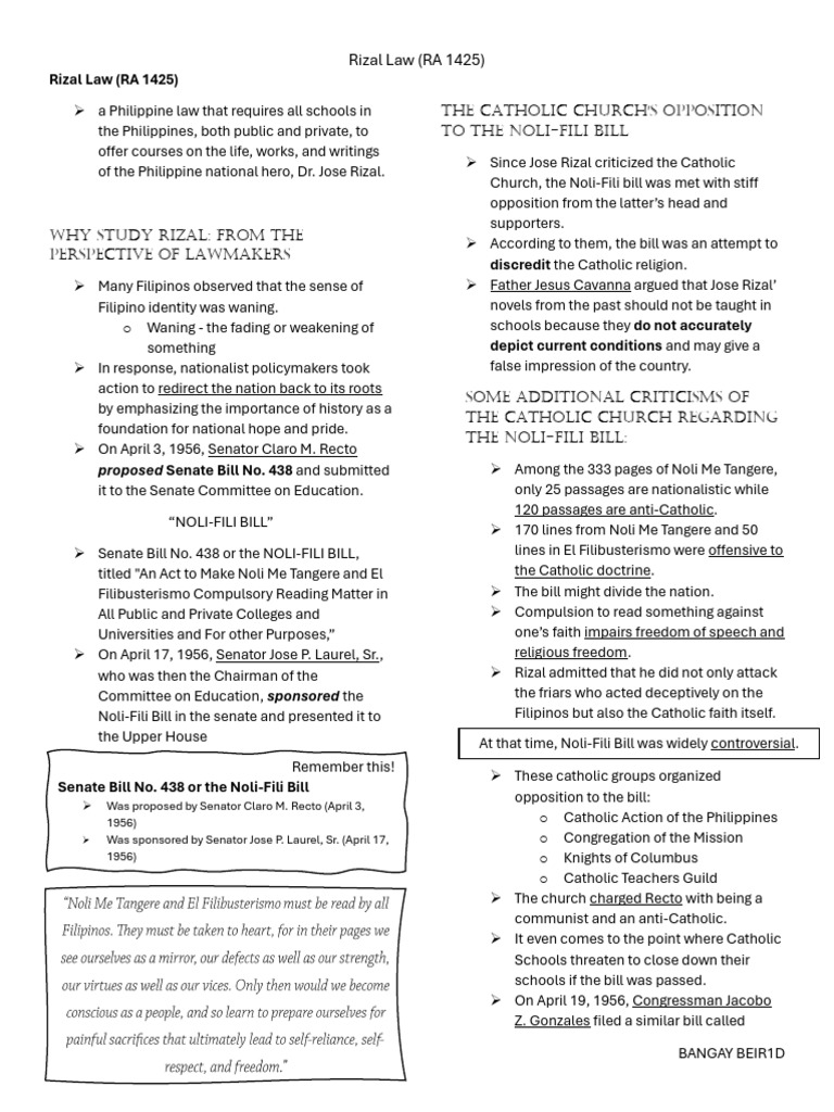 Rizal Law RA 1425 Handout | PDF