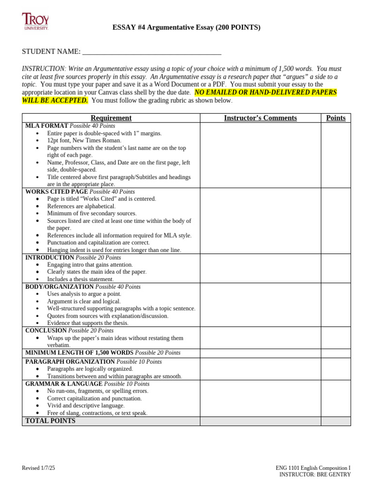 ENG 1101 Essay #4 Instruction and Grading Sheet | PDF | Essays | Paragraph