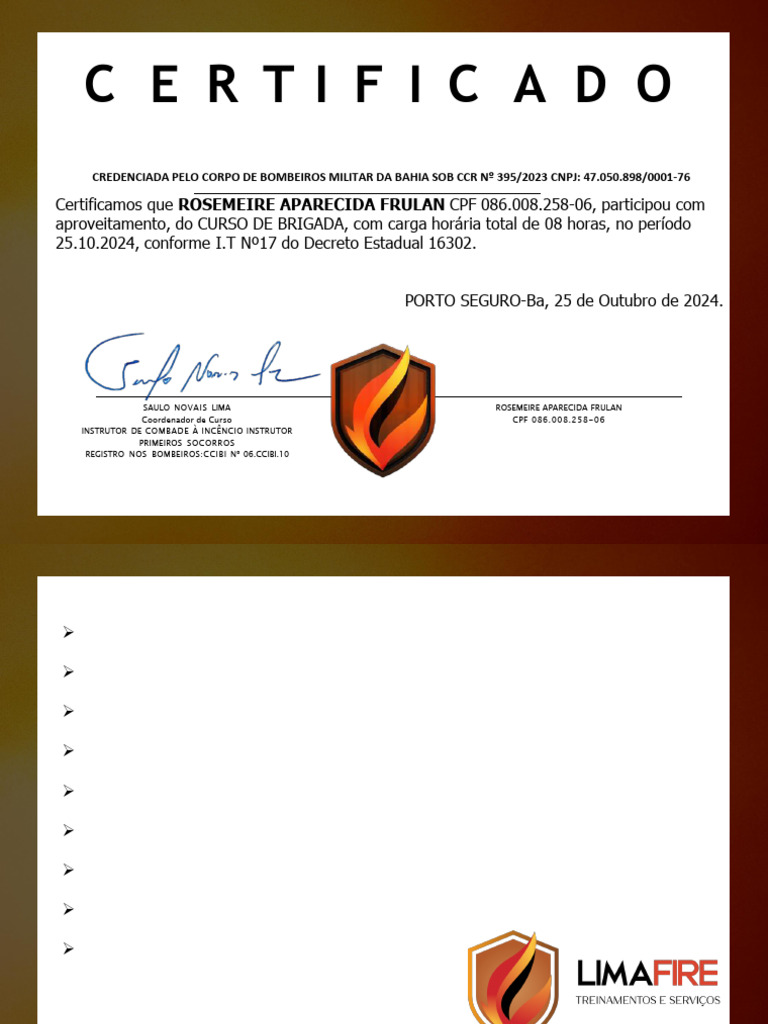 Certificado de Curso de Brigada de Incêndio | PDF