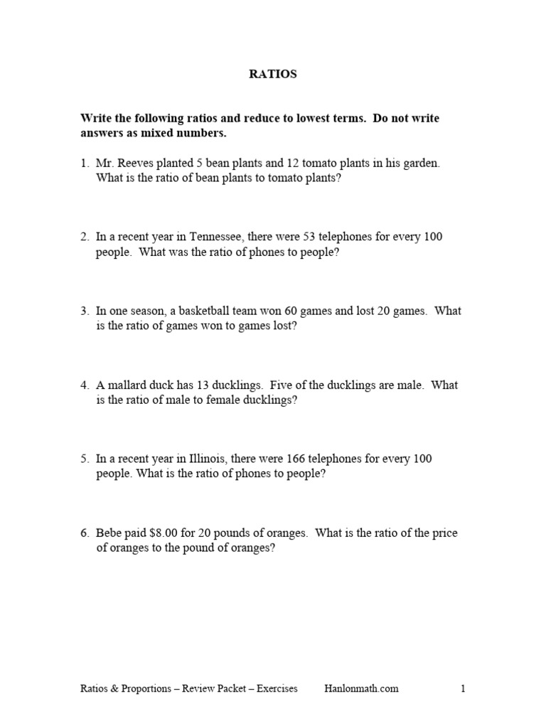 Ratios, Proportions Review Packet Exercises | PDF
