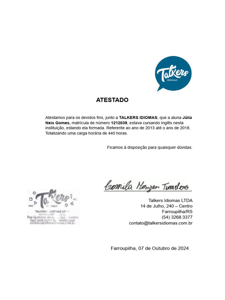 Júlia Neis Gomes - Comprovante de Conclusão | PDF