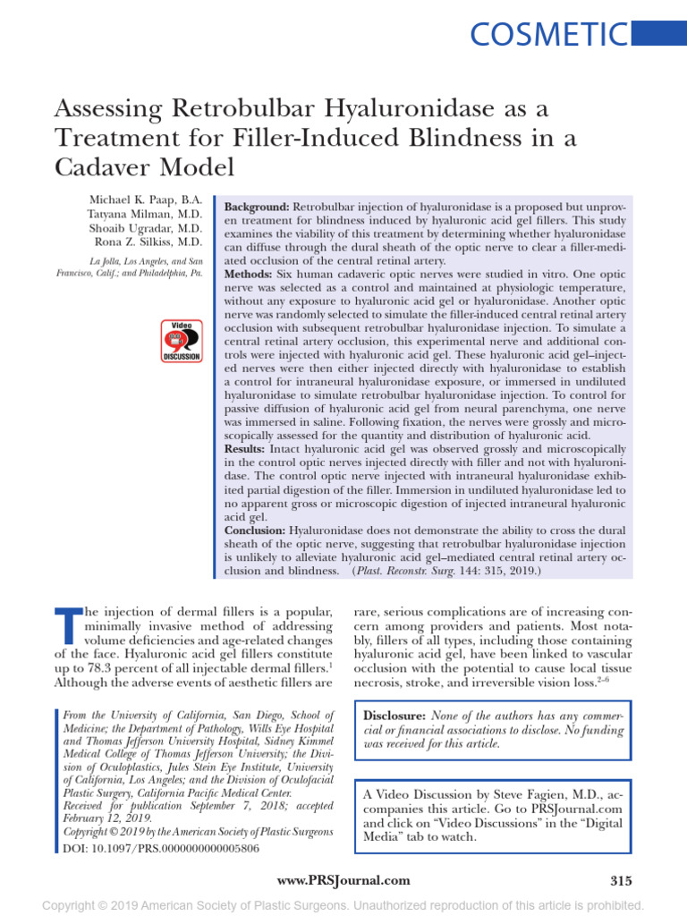 Assessing Retrobulbar Hyaluronidase As A Treatment For Filler-Induced Blindness in A Cadaver ...