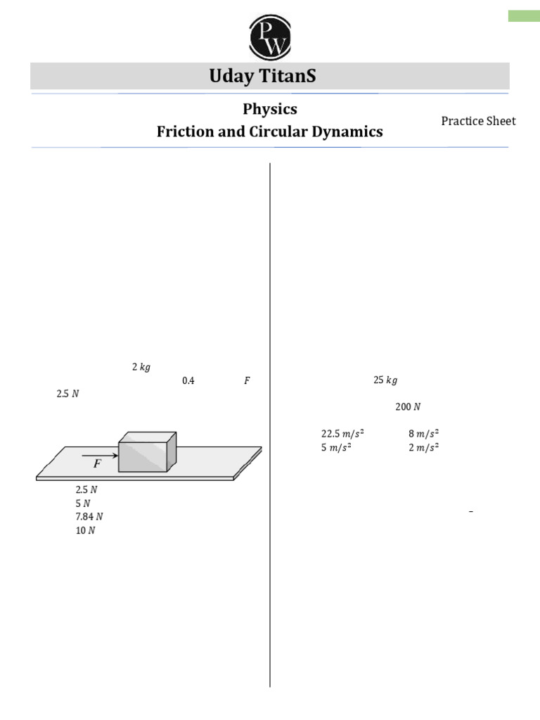 Friction and Circular Dynamics _ Practice Sheet __ Uday Titans | PDF | Friction | Force