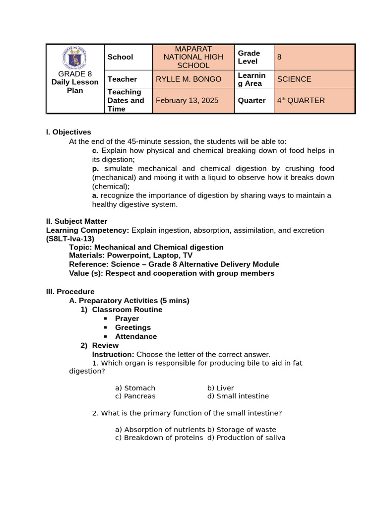 Grade 8 Science Lesson on Digestion | PDF | Digestion | Stomach