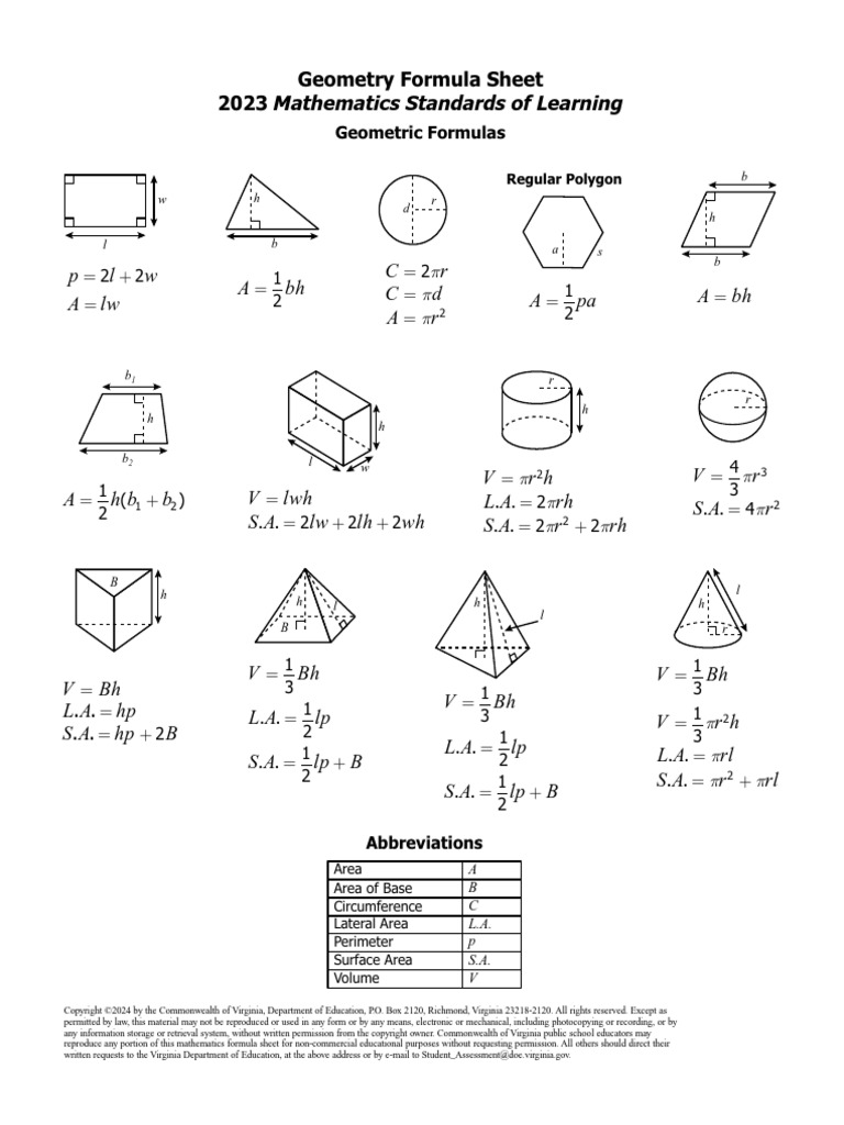 Virginia 2023 Geometry Formula Sheet | PDF | Area | Angle