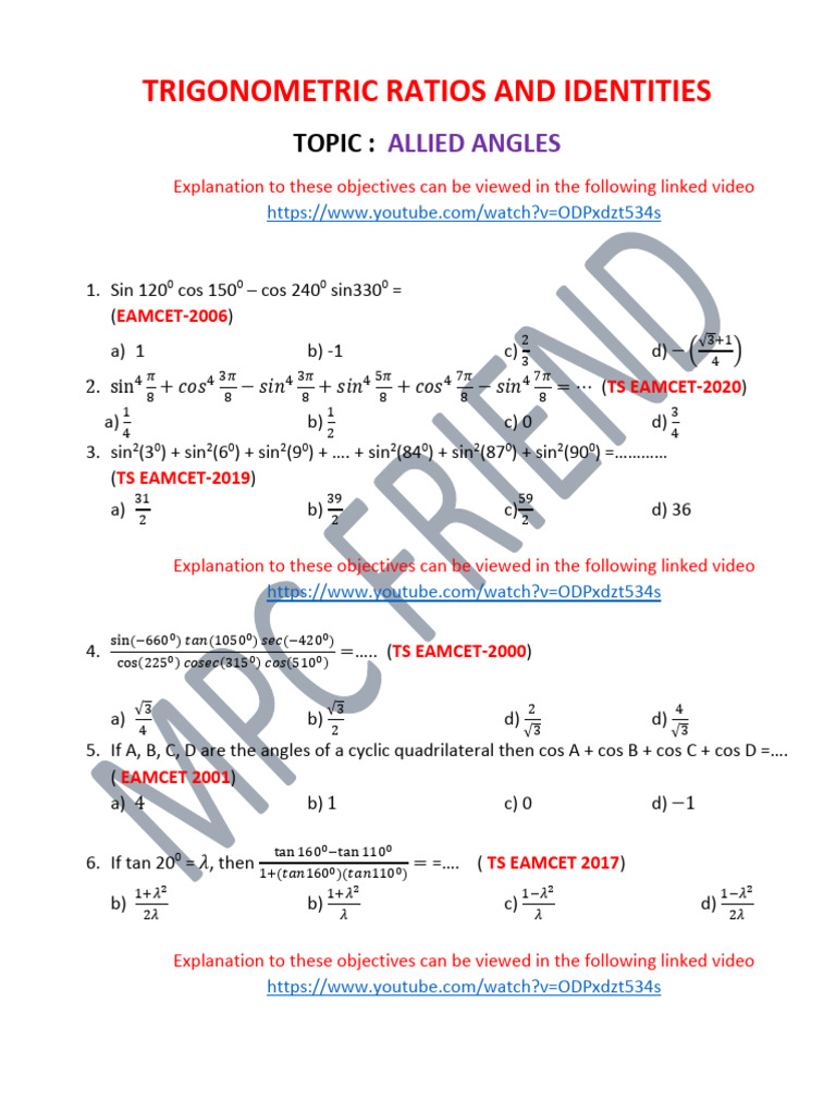 Trigonometric Ratios: Allied Angles | PDF | Trigonometry | Special ...