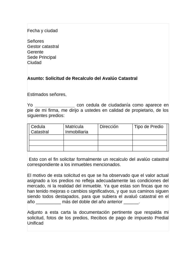 Solicitud Recalculo de Avaluo Catastral | PDF