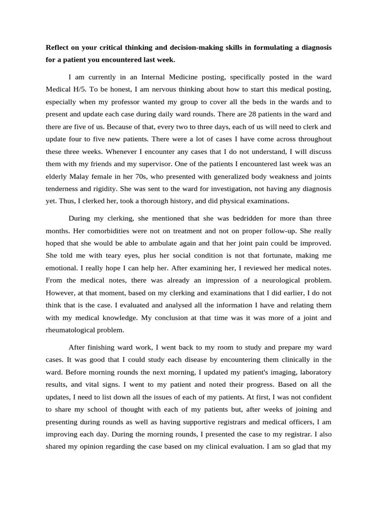 Reflective Writing 2 - Nur 'Alia A174293 | PDF | Medical Diagnosis ...