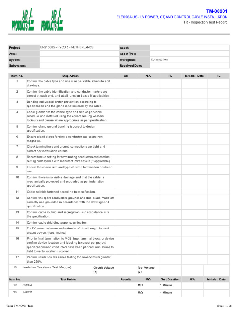 Ele056a - LV Power, CT, and Control Cable Installation | PDF | Electricity | Electrical Engineering