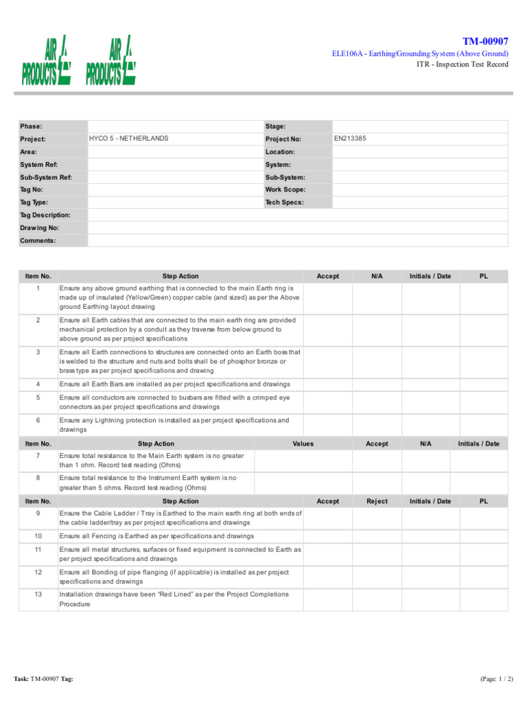 Earthing System Inspection Record | PDF | Specification (Technical ...