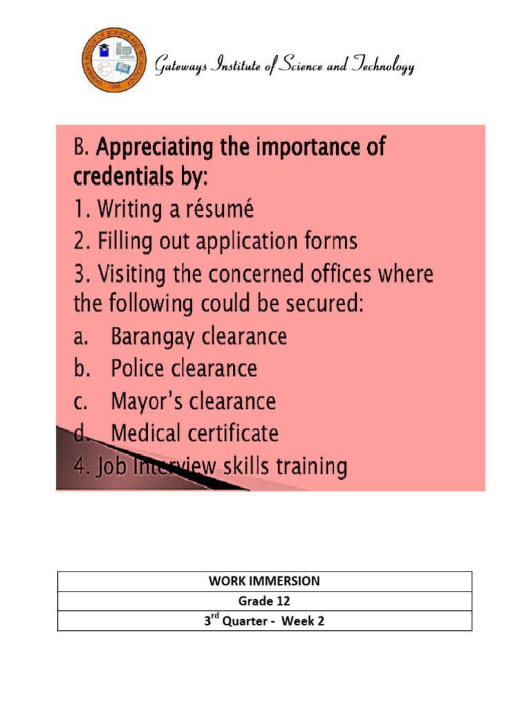 Work Immersion 3rd Qtr Week 2 Module | PDF | Résumé