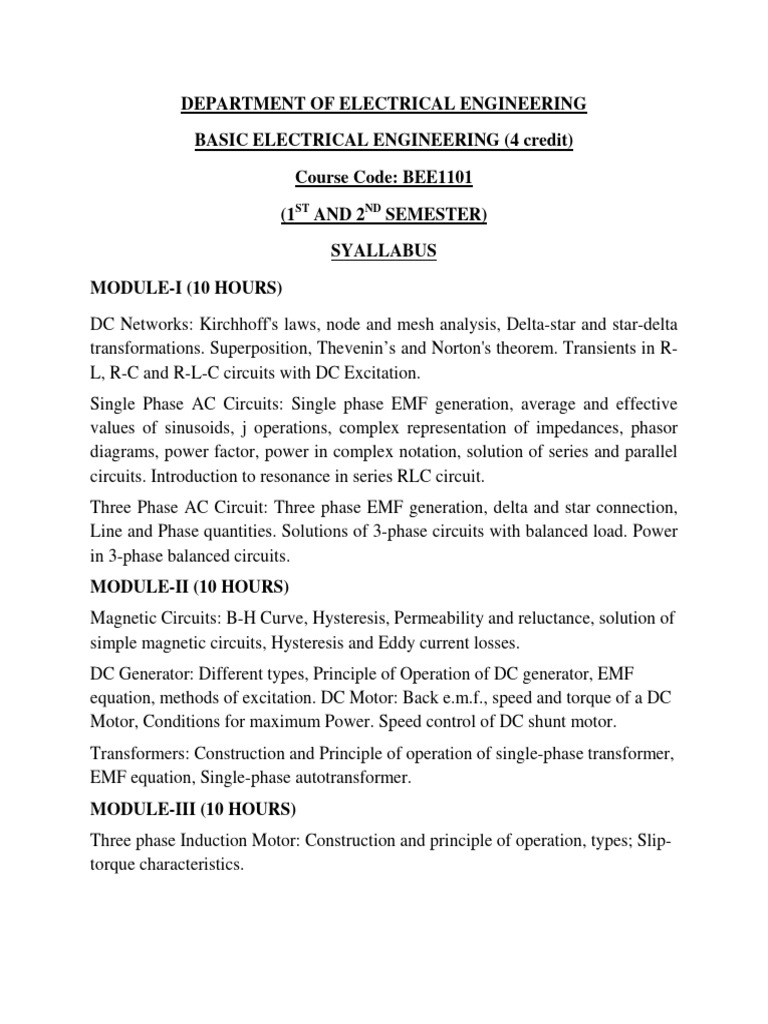 Basic Electrical Engineering Syllabus | PDF | Electric Motor | Electrical Network