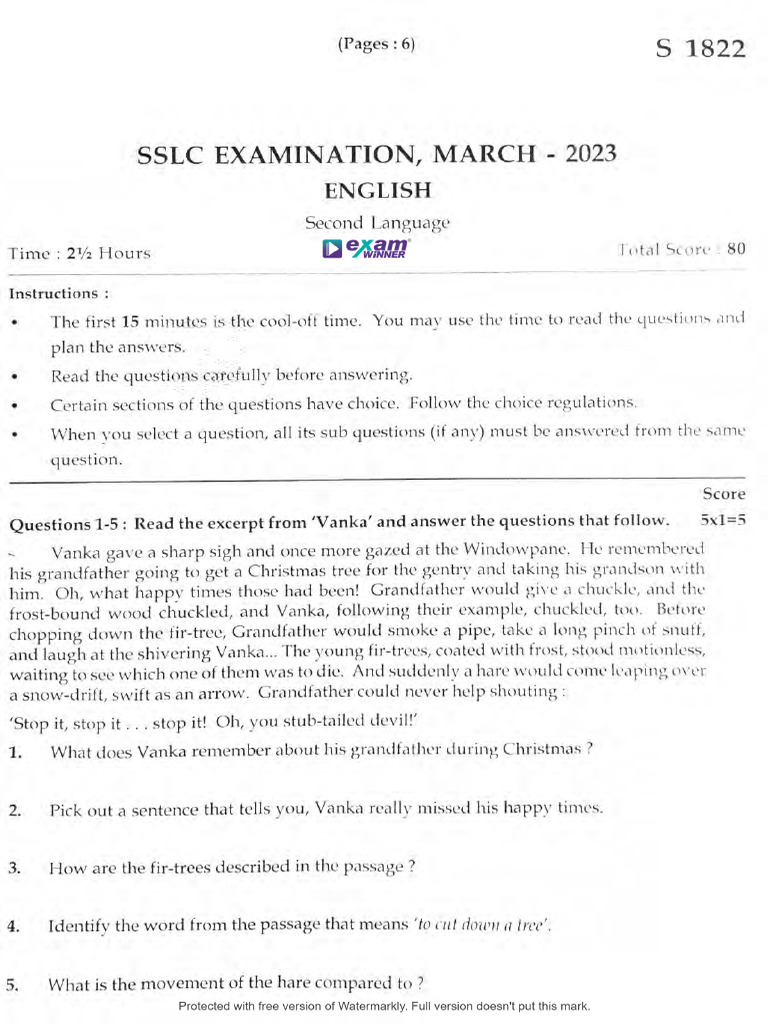 ENGLISH SSLC Exam March 2023 Question Paper 1 | PDF