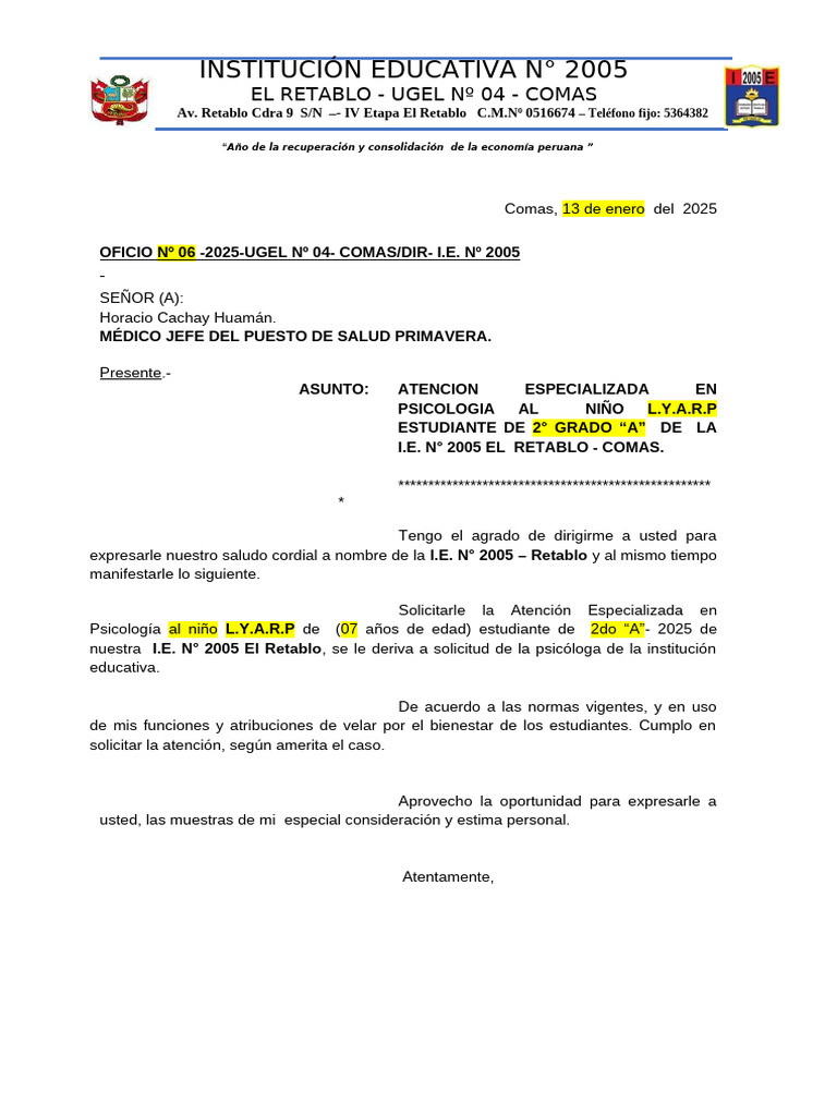 Modelo Oficio Puesto de Salud Primavera | PDF