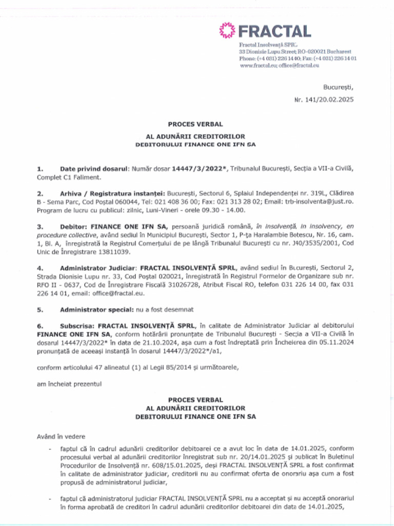 6649 Finance One IFN SA Proces Verbal Adunare Creditori | PDF