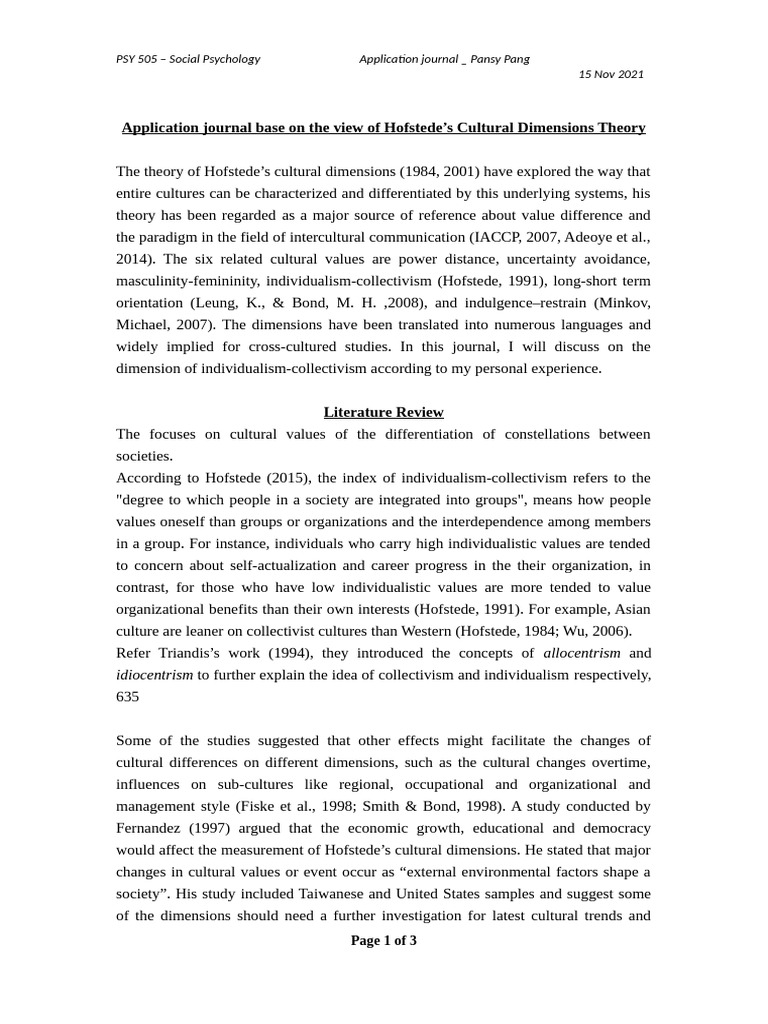 Application Journal Base On The View of Hofstede | PDF | Liberal Arts ...
