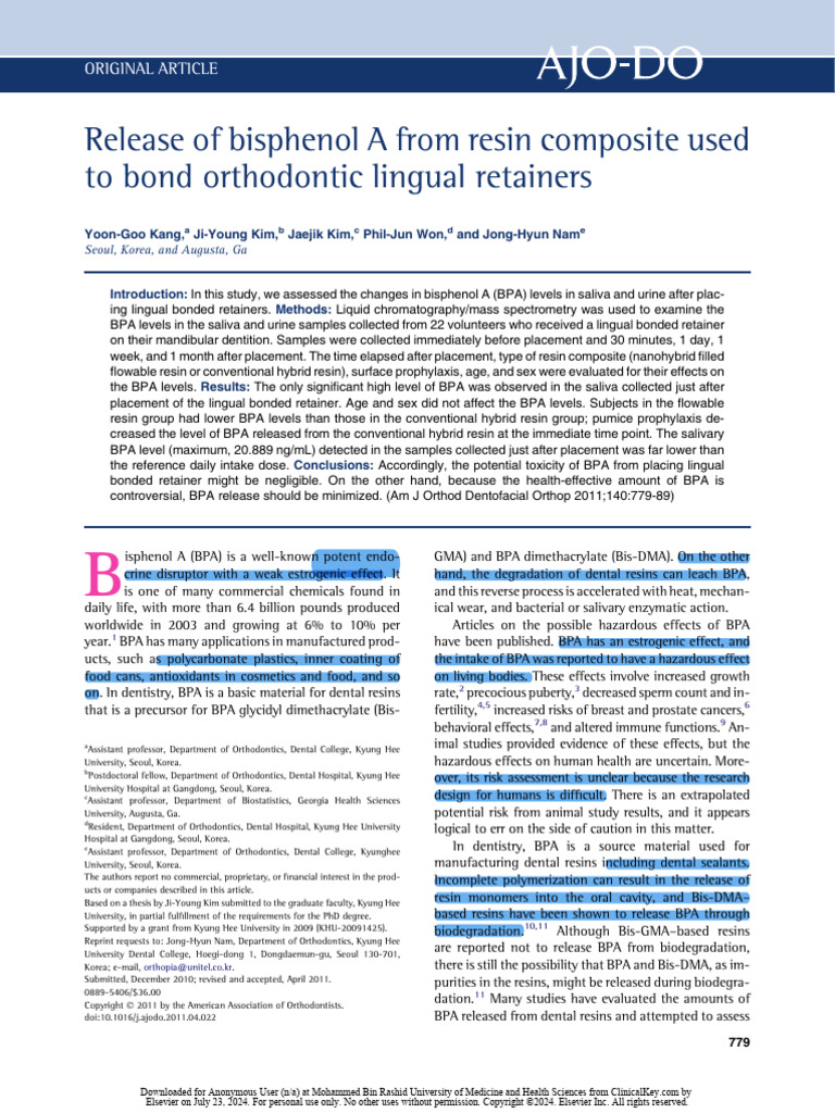 Release of Bisphenol A From Resin Composite Used To Bond Orthodontic ...