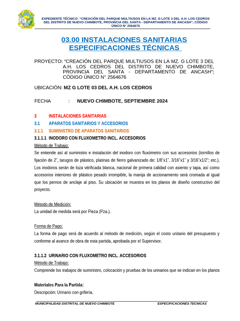 3.- ESPECIFICACIONES TECNICAS INSTALACIONES SANITARIAS | PDF | Agua | Topografía