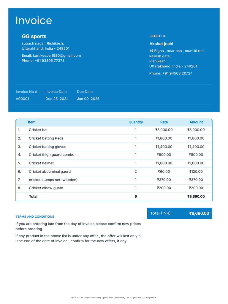 Invoice A00001 GG Sports Akshat Joshi | PDF | Summer Sports | Ball And ...